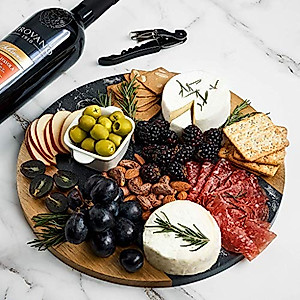 12inch Marble Cheese Board with Acacia Wood Accent - Charcuterie Board for Two - Round Marble and Wood Cheese Board - Marble Cutting Board