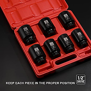 EMENTOL 7PCS 1/2"Drive Deep 6-Point Spindle Axle Nut Impact Socket Set, CR-MO, 1/2" Drive Deep Impact Socket Set, 1-3/8 Inch - 1-3/4 Inch