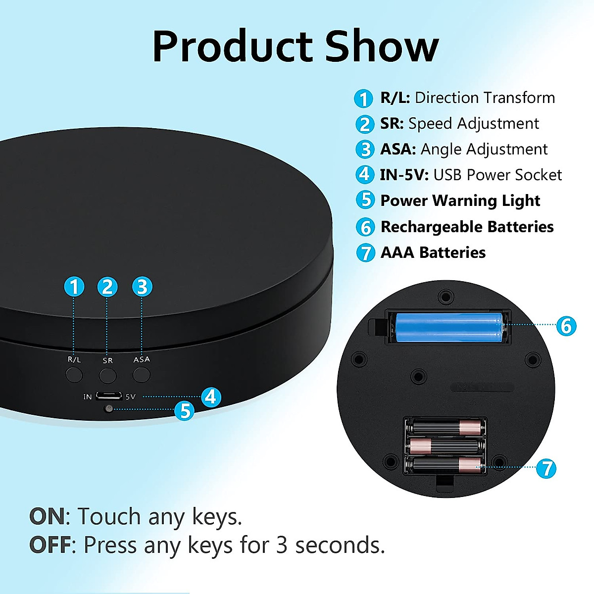 Mcbazel 360 Degree Rotating Display Stand, 5.4 Inch Motorized Spinning Platform, Electric Lazy Susan, Turntable Table Base for Photography, Jewelry, Watch, Cup - Max Load 3kg, Black