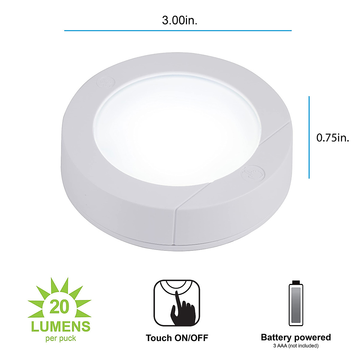 GE Wireless LED Puck Lights, Battery Operated, 20 Lumens, Touch Light, Tap Light, Stick On Lights, Under Cabinet Lighting, Ideal for Kitchen Cabinets, Closets, Garage, 6 Pack, 45994