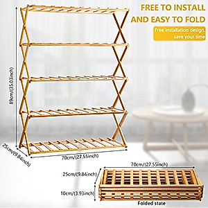 SAISN 5 Tier Wooden Shoe Rack Bamboo Shoes Storage Shelf Stackable Shoe Organizer Racks Multifunctional Free Standing Shoe Shelf Free Installation Foldable Shoe Stand for Entryway Hallway (Natural)