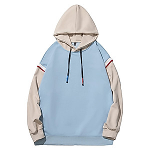 Maiyifu-GJ Men's Color Block Casual Hoodie Pullover Hip Hop Patchwork Hooded Sweatshirt Casual Long Sleeve Hoodies Outwear (Light Blue,X-Large)