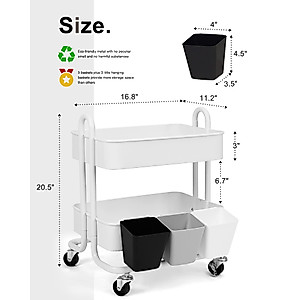2-Tier Rolling Cart with Wheels, G-Hemobel Metal Utility Cart with 3 Hanging Cups and 2 Lockable Wheels, Organizer Cart with Multi-Functional Storage, White