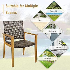 Tangkula Patio Dining Chairs Set of 4, Outdoor Acacia Wood & PE Wicker Chairs with Armrests, Outdoor Rattan Armchairs for Garden, Backyard, Poolside, Balcony (Mix Brown)