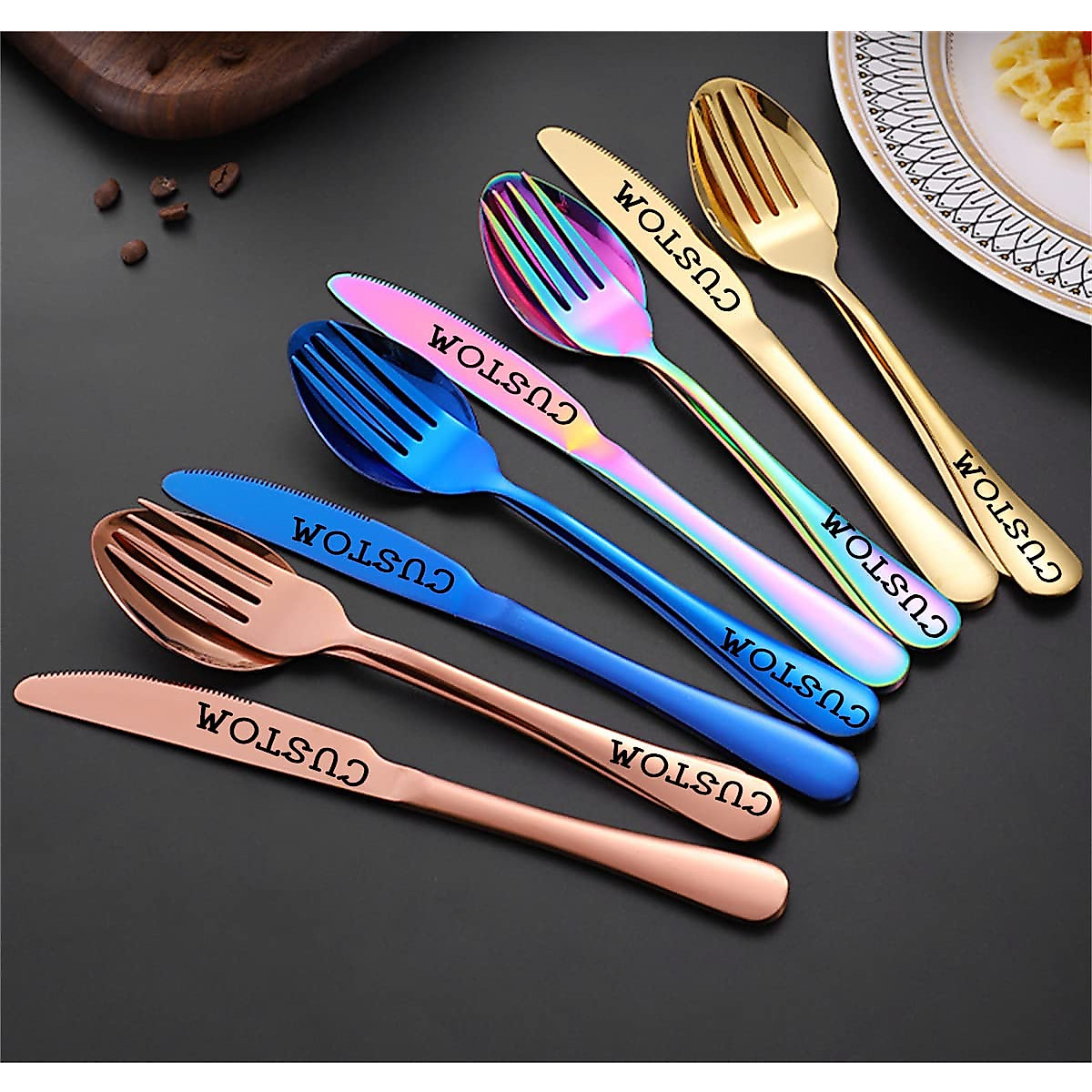 OBTIAN Stainless Steel Customized Flatware Set,Engraving Name Knife Forks Spoon,Personalized names will be engraved on your tableware, Customized Birthday Christmas Gift Blue