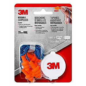 3M Corded Reusable Earplug, 3-Pair with Case, Orange/Blue