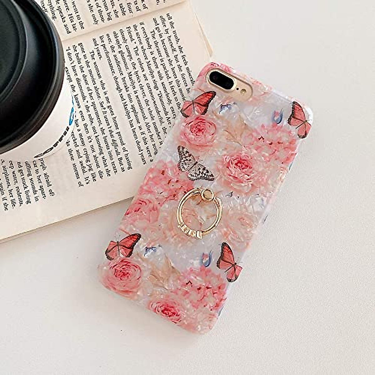 Qokey for iPhone 8 Plus Case,iPhone 7 Plus Case 5.5 inch Flower Cute Stand Cover for Women Girls 360 Degree Rotating Ring Stand Kickstand Soft TPU Shockproof Rose Butterfly