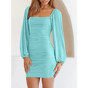 ANRABESS Women Long Sleeve Square Neck Mesh Ruched Bodycon Mini Dress Party Club Cocktail Formal Wedding Guest Short Dresses Blue Large
