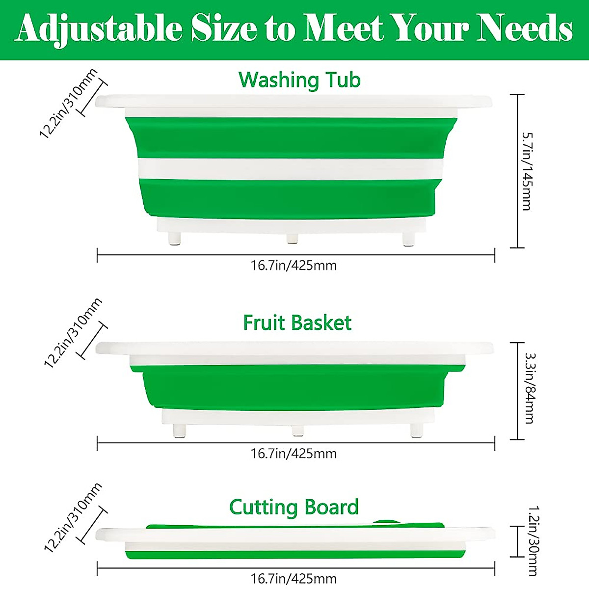 Collapsible Cutting Board, Foldable Chopping Board with Colander, Multifunctional Kitchen Vegetable Washing Basket Silicone Dish Tub for BBQ Prep/Picnic/Camping(Green)