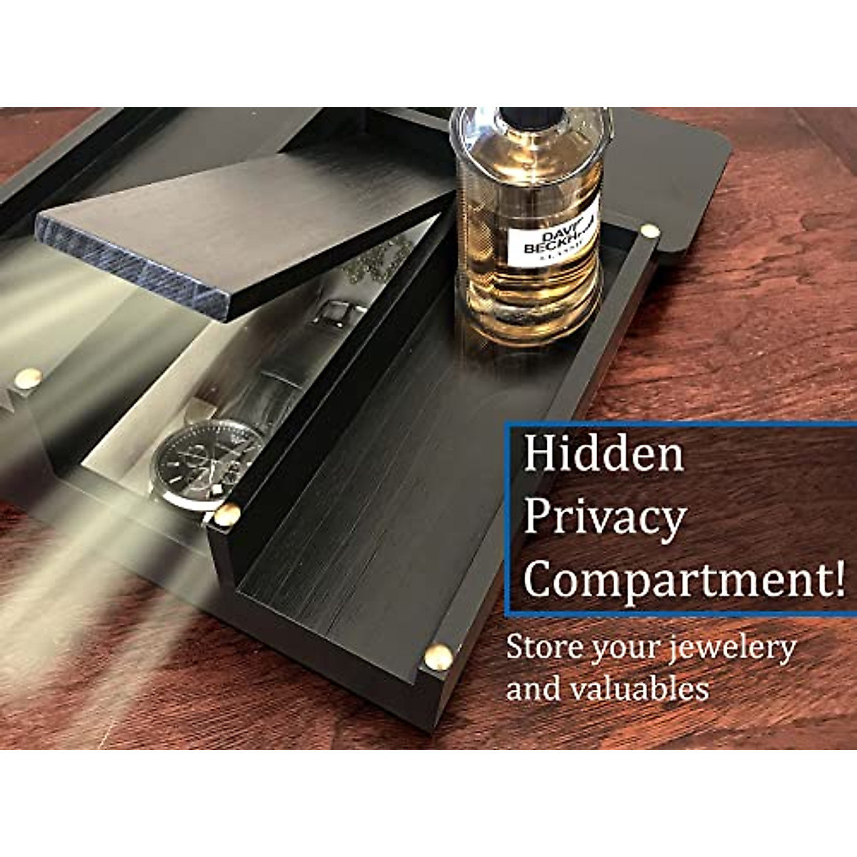 ALCEDIA Cologne Organizer for Men - 4 Tiered Solid Wood Cologne Stand Display Shelf with Hidden Compartment. Vanity Organizer, Perfume Organizer, Spices Organizer and Funko Pop Shelves. (Rustic Black)