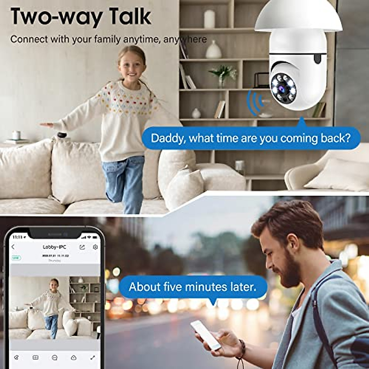 Kocanasi Light Bulb Security Camera, 1080P Wireless Cameras, 360° Surveillance Camera Smart Home Camera with Night Vision Motion Detection Alarm Two Way Talk Indoor Outdoor