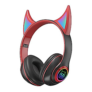 Kids Wireless Headphone Foldable Bluetooth Earphones with Mic Devil Luminous Gaming Headphone for Girls Boys Stereo Cord Over Ear Headset for Volume Adjustable Birthday Gift for Children Teens (Red)