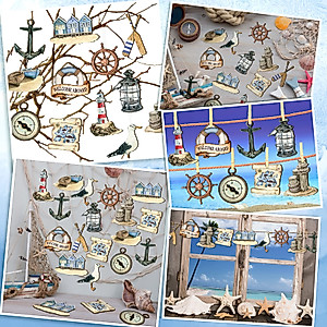 Maitys 36 Pcs Summer Wooden Ornaments Ocean Beach Tree Decorations Coastal Nautical Navigation Wooden Cutouts Summer Hanging Ornaments Summer Decorations for Home Small Tree Party Office(Navigation)