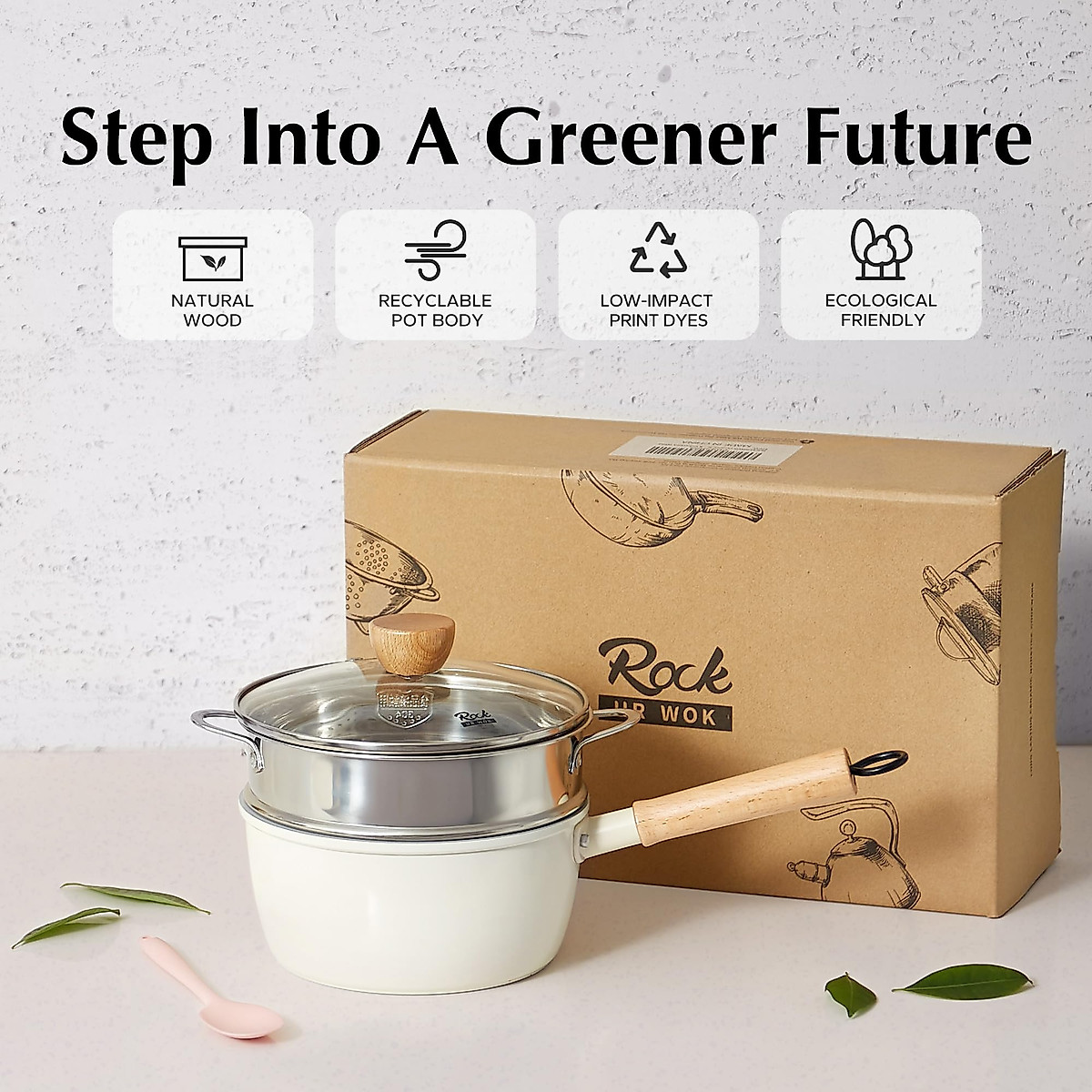 ROCKURWOK Ceramic Nonstick Sauce Pan with Lid, 2 Quart Cooking Pot, Small Saucepan with Steamer, PTFE & PFAS-Free, Wooden Handle for Cool Touch, Universal Base(Gas, Electric & Induction), White