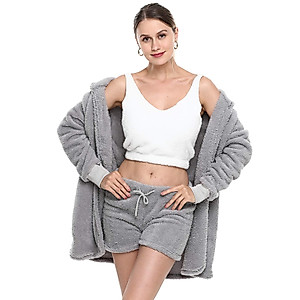 Womens Sexy Fuzzy Warm Sherpa Fleece 3 Piece Outfit Fleece Coat Jacket Pajamas Loungewear Outwear and Spaghetti Strap Crop Top Shorts Set (Grey, M)