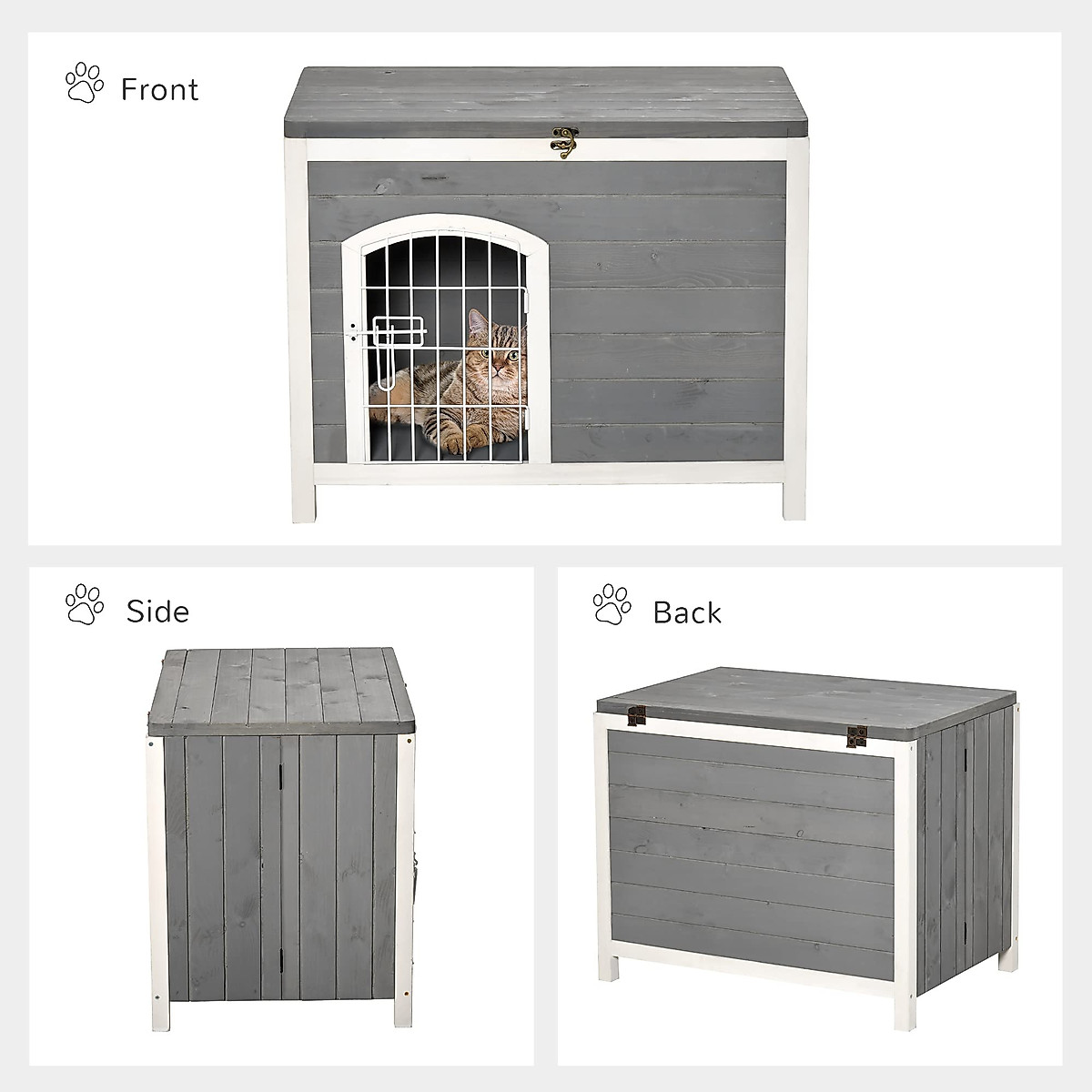 PawHut Foldable Wooden Dog House Raised Puppy Cage Kennel Cat Shelter for Indoor & Outdoor w/Lockable Door Openable Roof Removable Bottom for Small and Medium Pets Grey