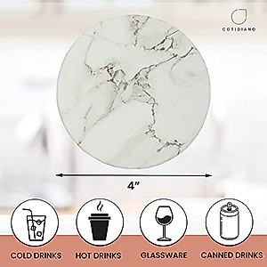 COTIDIANO Round Absorbent Coasters for Drinks - 6pcs Ceramic Coaster Set with Holder - White Marble Coaster Design with Non Slip Cork Base