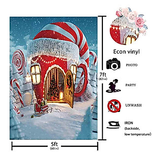 Funnytree 5x7ft Vinyl Christmas Candy Cup House Photography Backdrop Snow Pine Tree Red and White Stripes Background Children Newborn Baby Portrait Photo Studio Photobooth Props