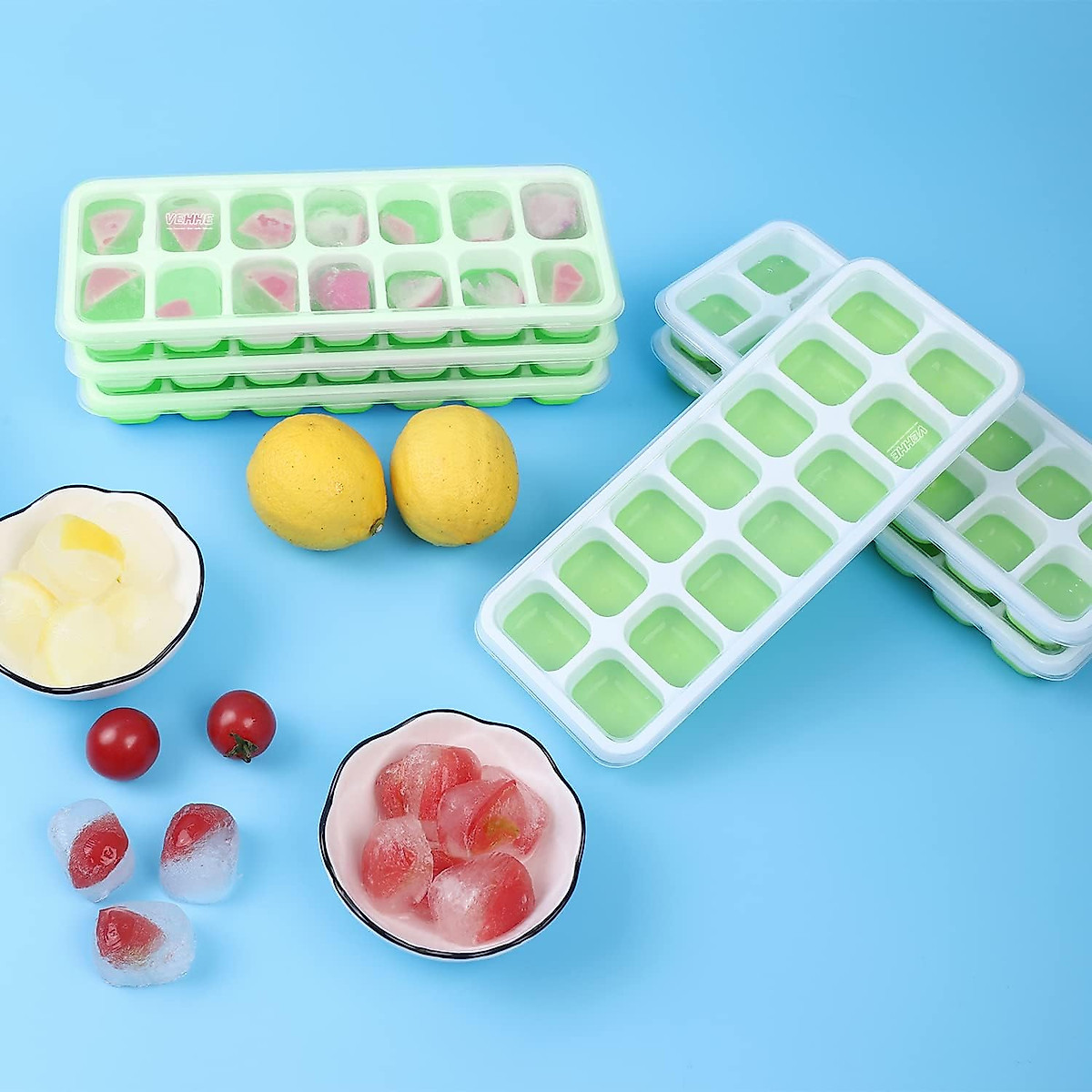 Ice Cube Trays, VEHHE 3 Pack Reusable Silicone 14-Ice Cube Molds with Spill-Resistant Removable Lid, Flexible and Odorless, for Whiskey and Cocktails…