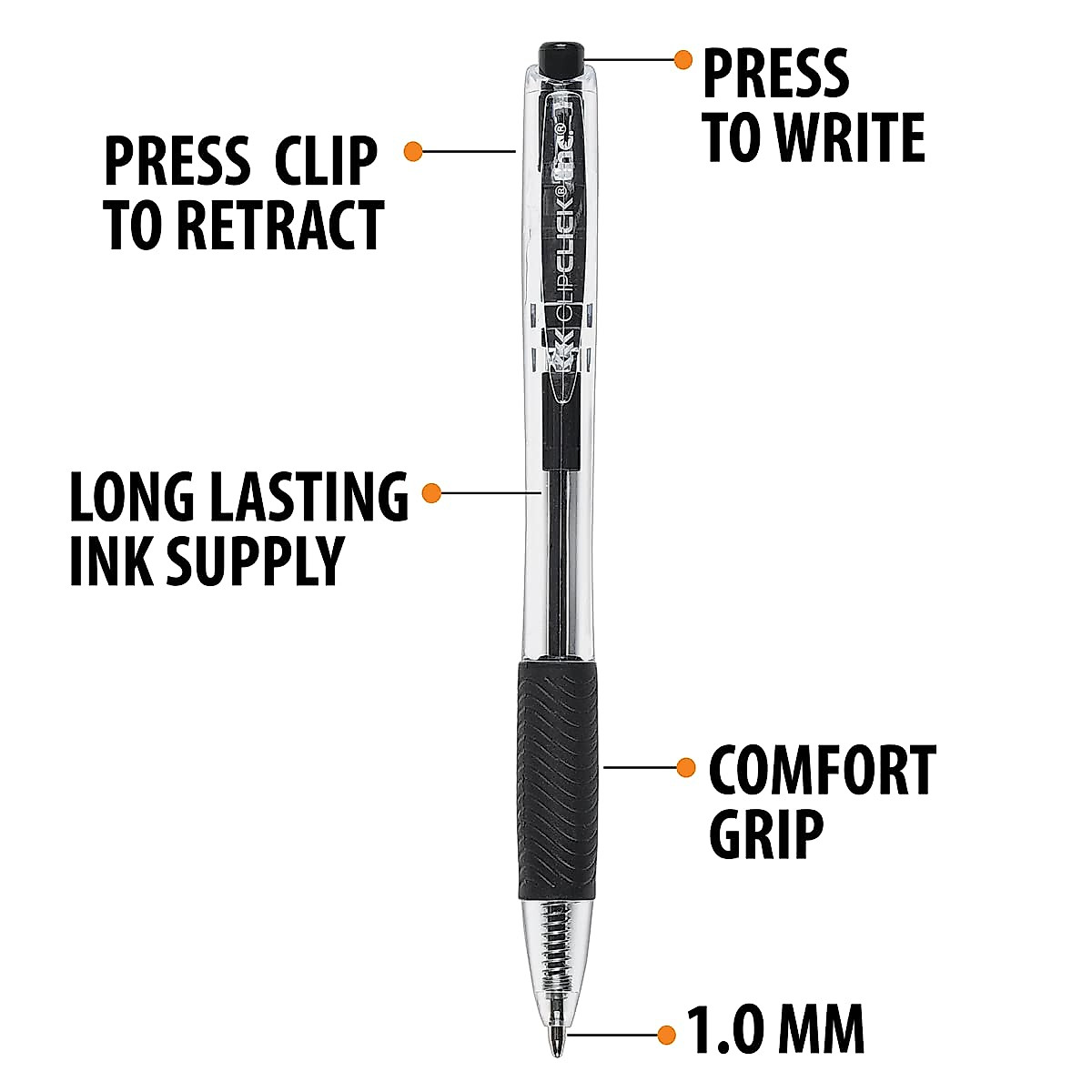 Inc. ClipClicks Retractable Ballpoint Pens - Bulk 1.0-mm Medium-Point Pen Set With Comfort Grip for School, Office, Writing, and Journaling, 50 Count, Black