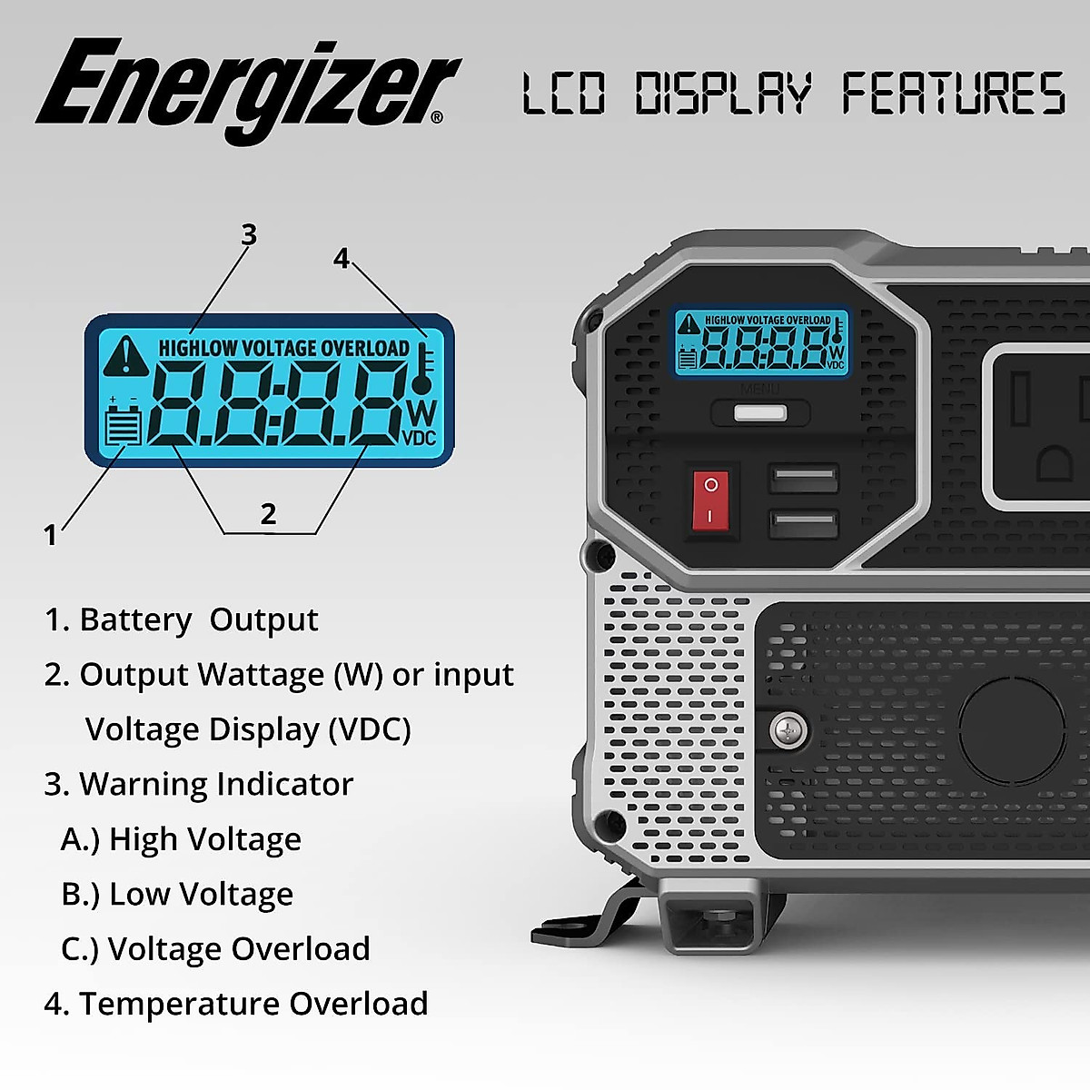Energizer 4000 Watts Power Inverter Modified Sine Wave Car Inverter, 12V to 110 Volts, Two AC Outlets, Two USB Ports (2.4 Amp), Hardwire Kit, Battery Cables Included – ETL Approved Under UL STD 458