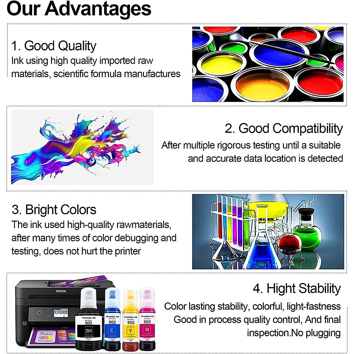 Seogol Compatible Epson 502 T502 Refill Ink Bottles Replacement for Ecotank ET-2750 ET-3750 ET-4750 ET-2760 ET-3760 ET-4760 ET-2700 ET-3700 ET-3710 ET-15000 ST-2000 ST-3000 ST-4000 - 4 Pack