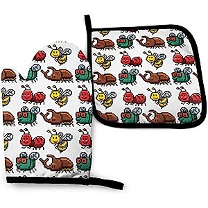 HENGE Insect Oven Mitts and Pot Holders Sets of 2,Resistant Hot Pads,Flexible Cooking Oven Gloves for Microwave BBQ Cooking Baking Grilling