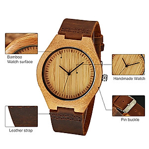 CUCOL Mens Wooden Watches Brown Cowhide Leather Strap Casual Watch for Groomsmen Gift with Box