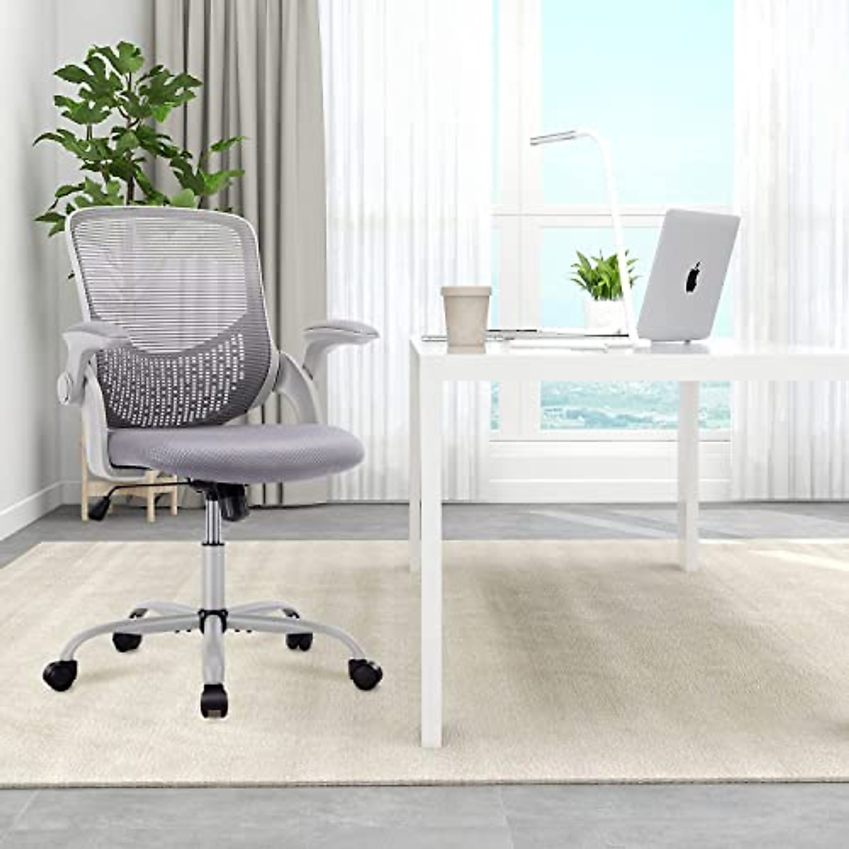 Office Chair, Ergonomic Computer Chair Mesh Home Office Desk Chairs with Flip-up Armrests, Rolling Swivel Chair with Lumbar Support Height Adjustable, Grey