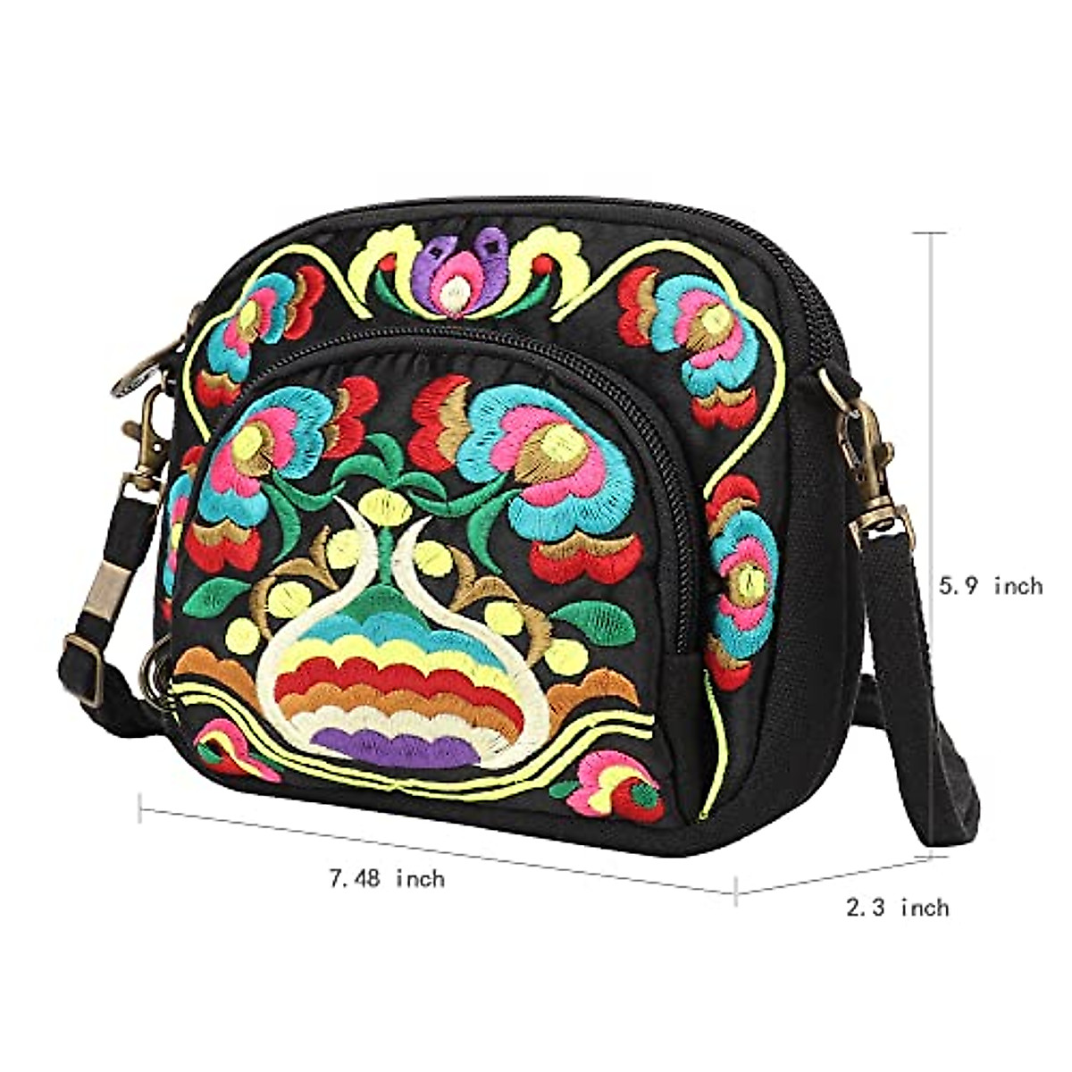 SILKAREA Embroidered 3 zip Small Crossbody Bag Cell Phone Purse Shoulder Wallet Handbags Wristlet Clutch Bag for Women (Yellow)