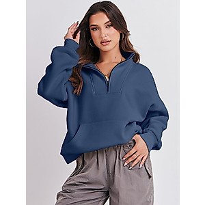 ANRABESS Womens Half Zip Sweatshirts Oversized Crop Pullover 2024 Winter Y2K Fleece Hoodie Sweater Teen Girls Fall Clothes Navy Blue Medium