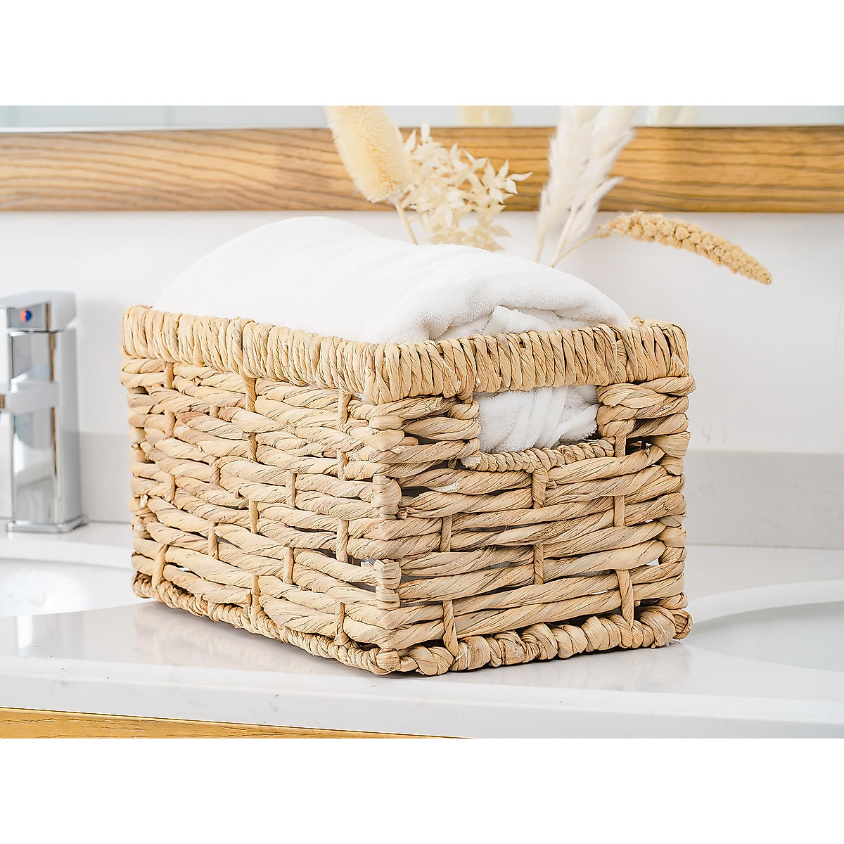 StorageWorks Small Wicker Baskets, Water Hyacinth Baskets with Built-in Handles, Handwoven Bathroom Baskets for Organizing, Medium & Small, 2 Pack