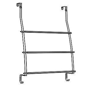 mDesign Expandable Metal Over Shower Door Towel Rack for Bathroom - 3-Tier Organizer with 2 Large Hooks - Holder for Hand/Bath Towels, Washcloths, Loofahs, Sponges - Trinity Collection - Matte Black