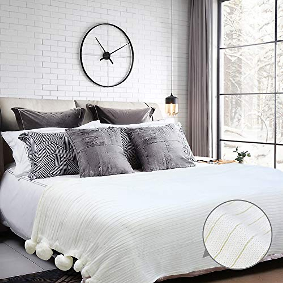 TEALP Pom Pom Blanket White Cotton Knitted Throw Blanket with Pom Poms (Cream White, 40''x60'')