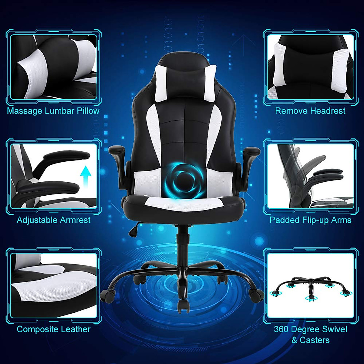 Gaming chair Office Chair Desk Chair Massage Ergonomic High Back Computer Chair with Lumbar Support Flip-up Arms Headrest PU Leather Height Adjustable Swivel Executive Chair for Women Men Adult