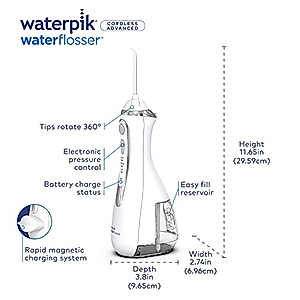 Waterpik Cordless Advanced Water Flosser For Teeth, Gums, Braces, Dental Care With Travel Bag and 4 Tips, ADA Accepted, Rechargeable, Portable, and Waterproof, White WP-580