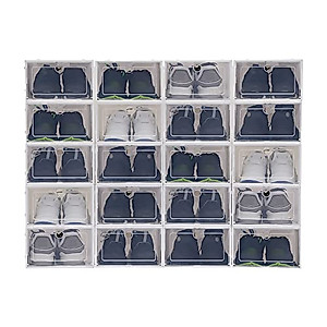 BJTDLLX 20 Pack Shoe Storage Box, Foldable Storage Plastic Shoe Box Set with Clear Door, Stackable Shoe Storage Organizer Clear Drawer Box Front Shoe Box Sneaker Organizer(13”x 9”x 5.5”)