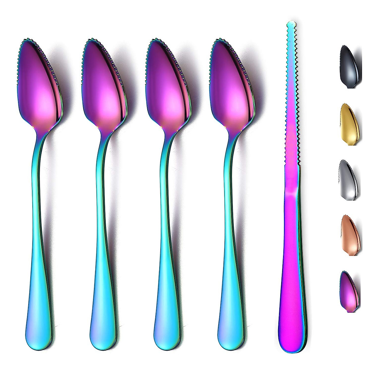 Rainbow Grapefruit Spoons 5 Pieces Set, 4 Stainless Steel Grapefruit Spoon And 1 Grapefruit knife With Titanium Plating, Grapefruit Utensil Set, Serrated Edges Spoon pack of 5 (Rainbow)