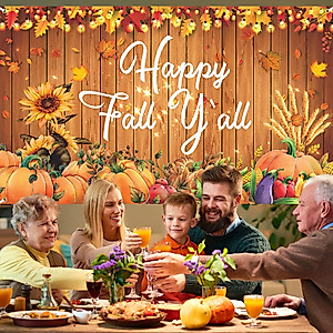 Happy Fall Party Decorations Banner, Happy Fall Y'all Banner Backdrop Thanksgiving Autumn Harvest Banner, Fall Maple Leaves Pumpkin Thanksgiving Day Autumn Party Banner for Home Outdoor Yard Decor