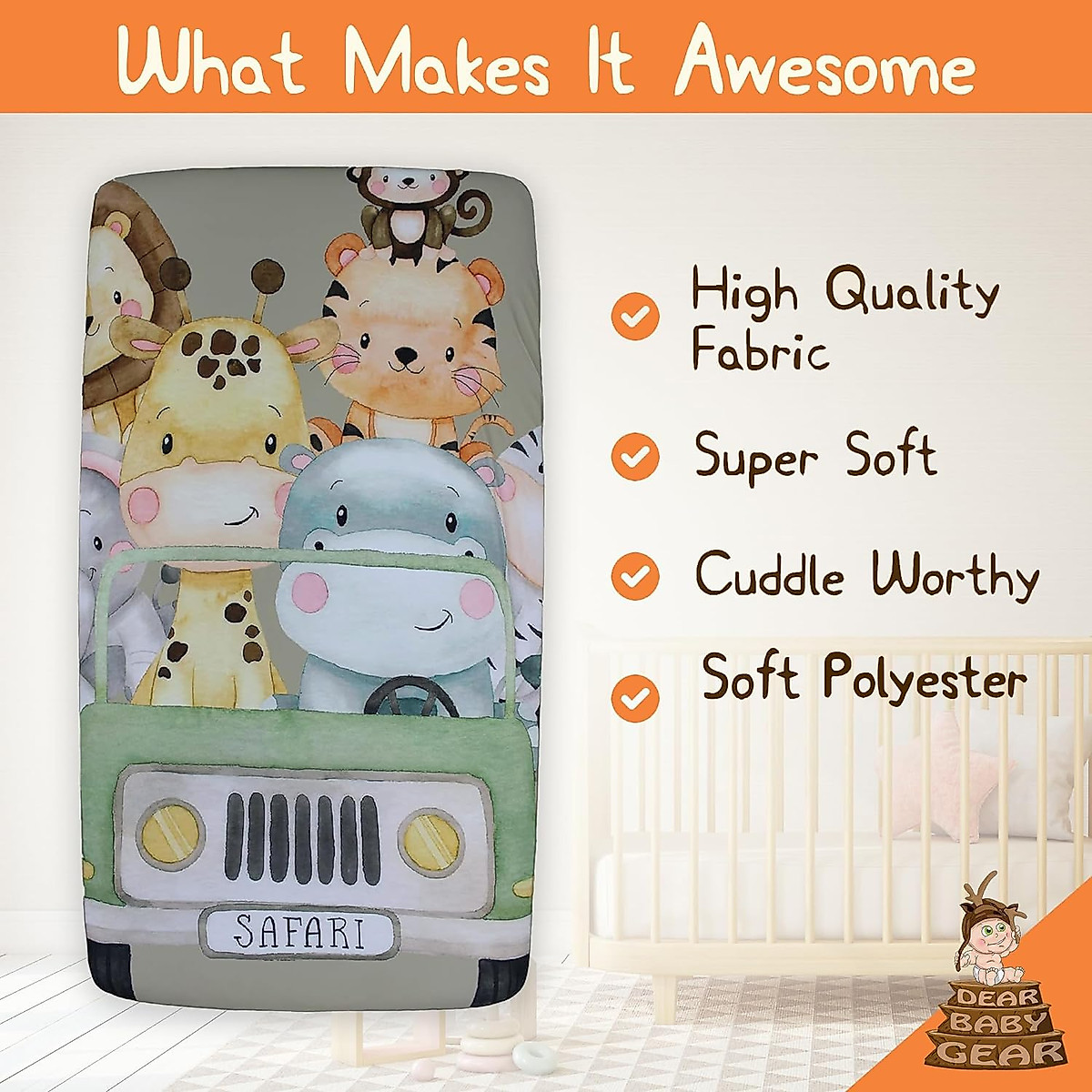 Dear Baby Gear Deluxe Crib Sheet Cotton Polyester Crib Sheets, Soft Machine-Washable Crib Mattress Sheet, Baby Bed Sheets - Safari Animals with Palm Leaves Print, 52"x28"x10"