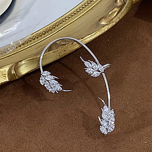 Kenjudess Sparkling Rhinestone Wheat Ear Cuffs 2Pcs Vintage Leaf Cartilage Ear Wrap Non-Pierced Fake Earrings Prom Party Festival Accessories for Women (Silver)