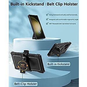 FNTCASE for Samsung Galaxy S23 Ultra Case: Built-in Screen Protector & Kickstand, Extra Front Frame, Full-Body Dual Layer Rugged Belt-Clip Holster Heavy Duty Shockproof Protective Phone Cover-Black