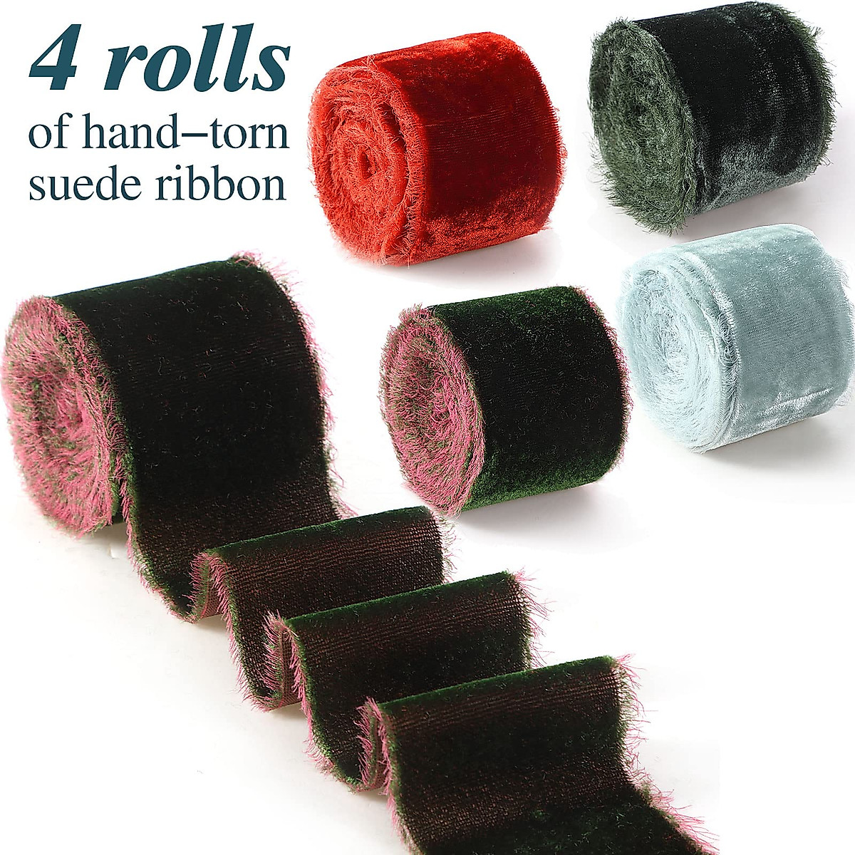 4 Rolls Christmas Velvet Ribbon for Gift Wrapping 2 in x 8 yd Fringe Frayed Fabric Ribbon Raw Edge Wired Velvet Ribbon for Wedding Invitations Bridal Bouquet DIY Craft Tie Decor (Green Series)