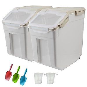 YXQ 25LB Large Flour Storage Container Bin ,2 Pack Airtight Plastic with Wheels Seal Locking Lid Dispenser Organizer Storage Bin with Measuring Cup & Scoop for Flour, Rice, Grain 50LBS Total