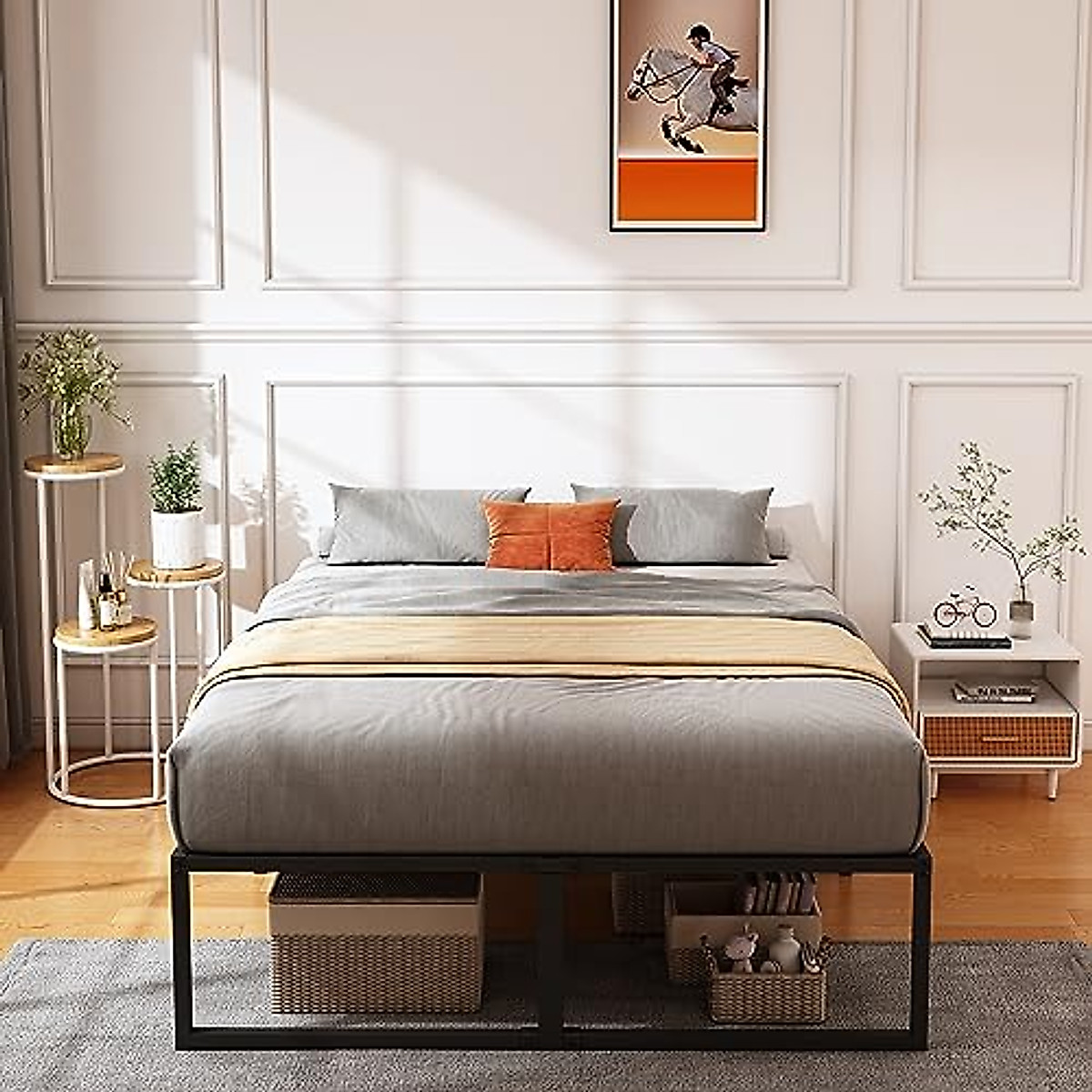 XINXINYAN 16 Inch Queen Bed Frame, No Box Spring Needed, Heavy Duty Metal Platform Queen Size Bed Frame, Strong Steel Slats Support, Noise Free, Easy Assembly, Black