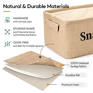 FLINKYE 2 Pack Snack Storage Organizer Basket Bins for Pantry Shelf and Countertop, Large Burlap Snacks Basket Container for Kitchen Office Popcorn Candy Pretzels and more