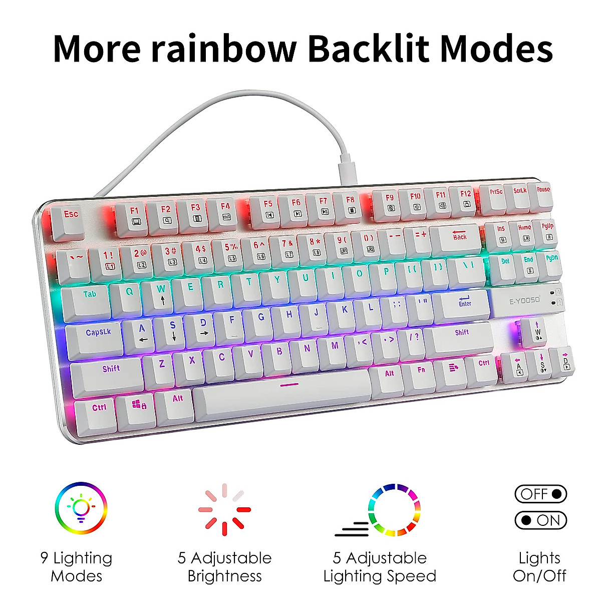 chuangquan Z-66 Mechanical Keyboard, Blue Switches, Wired Gaming Keyboard, Rainbow LED Backlit, USB Type-C Cable, Compact 87Keys, for Windows PC Laprop Mac