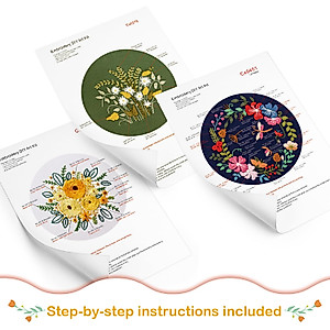 Mocoosy 3 Pack Embroidery Starter Kit for Beginners, Stamped Embroidery Kit with Pattern and Instructions, Cross Stitch Set Kids Adults Crafts Include 3 Embroidery Fabric, 3 Bamboo Hoops, Threads