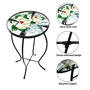 CEDAR HOME Side Table Outdoor Garden Patio Metal Accent Desk with Round Hand Painted Glass, Yellow