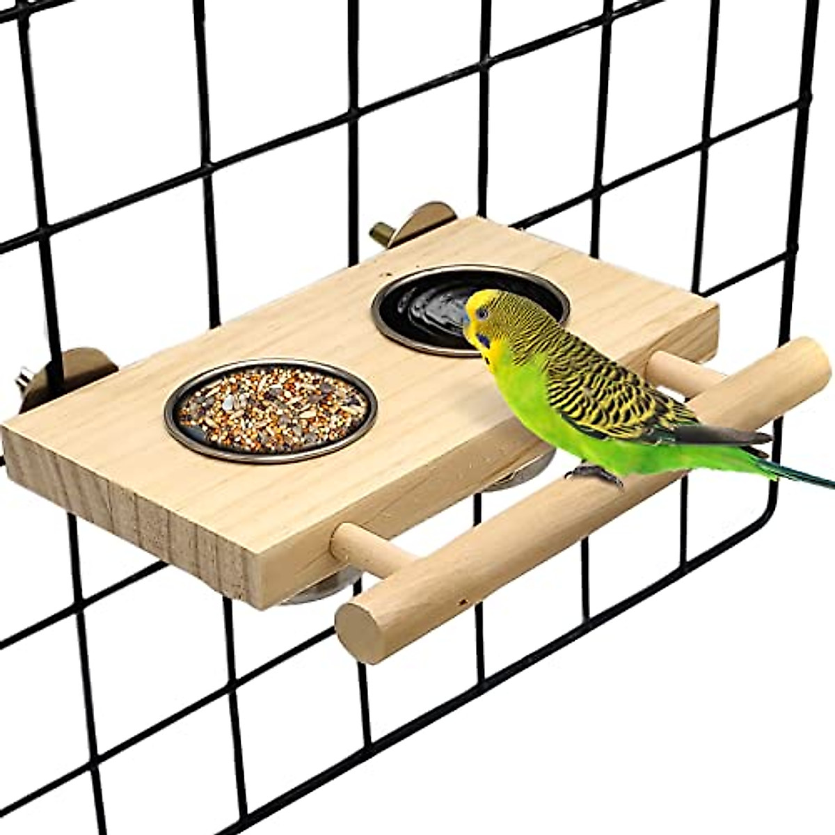 Tfwadmx Bird Food Stainless Steel Cups Wooden Perch Stand Hanging Feeder Bowls Feeding and Watering Supplies for Parakeets Conures Cockatiels Budgie Parrot